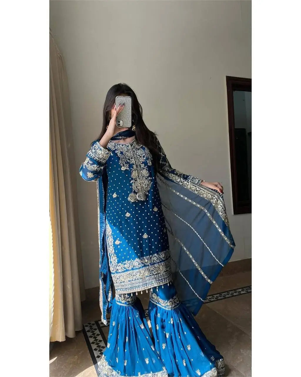 Embroidered Faux Georgette Sharara Set | Hansh Couture