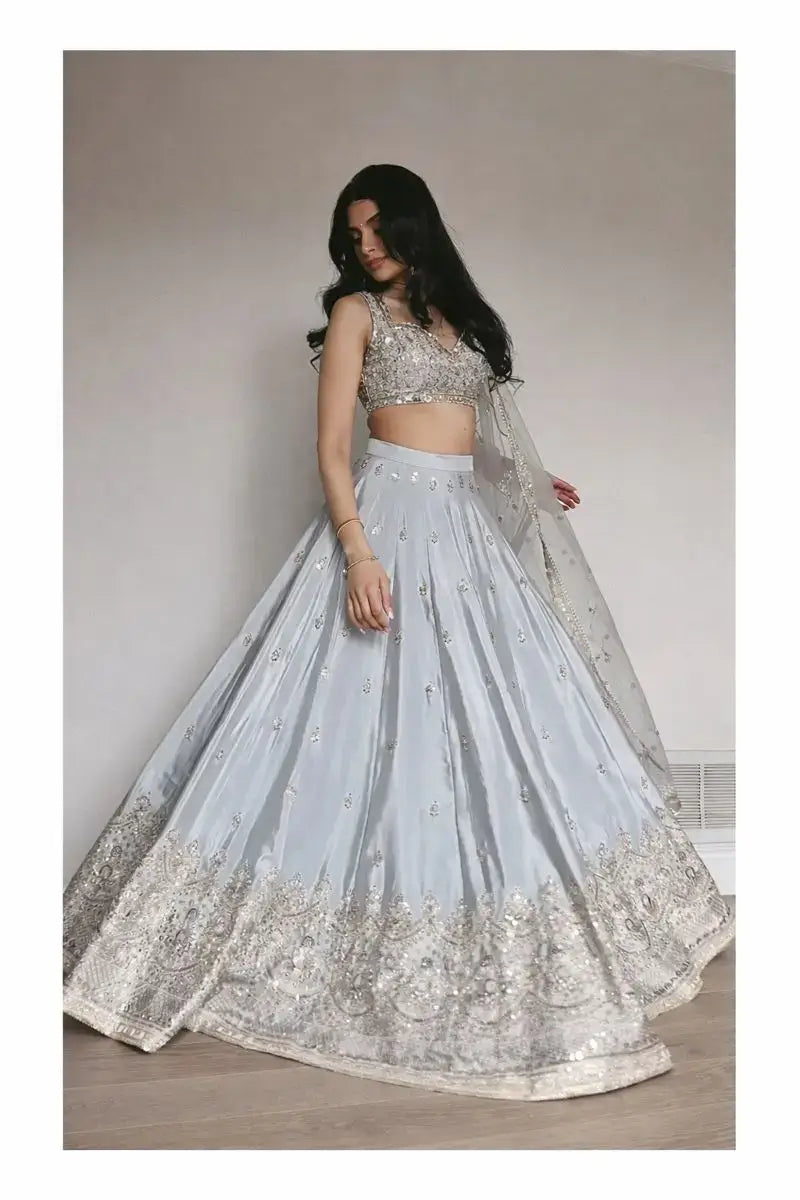 Embroidered Satin Silk Lehenga Set With Net Dupatta | Hansh Couture